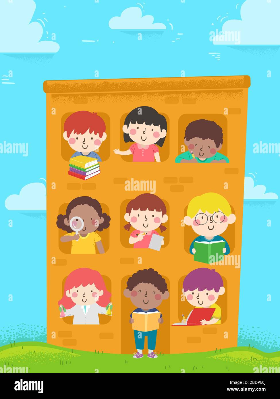 Illustration of Student Kids Learning and Reading Books in a School ...