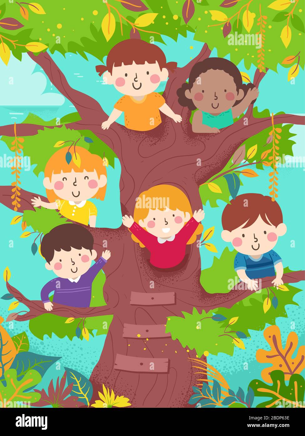 Illustration of Kids Waving and Hanging on a Big Tree Stock Photo - Alamy
