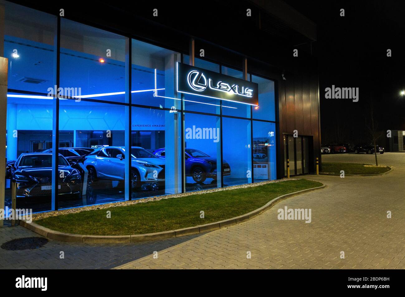 PRAGUE, CZECH REPUBLIC - APRIL 3 2020: Lexus company logo on dealership ...