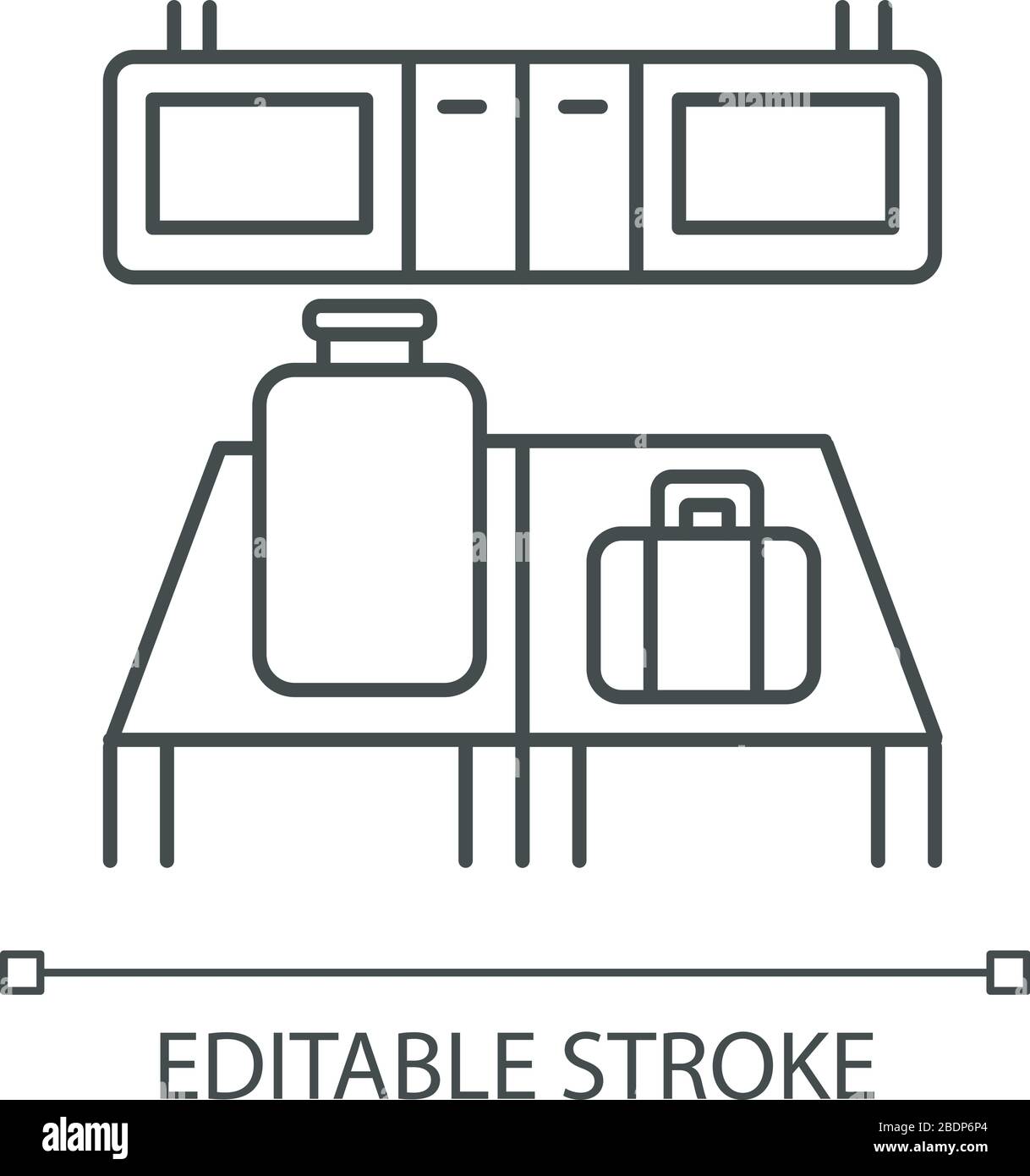 Baggage custom check pixel perfect linear icon. Luggage on desk in ...