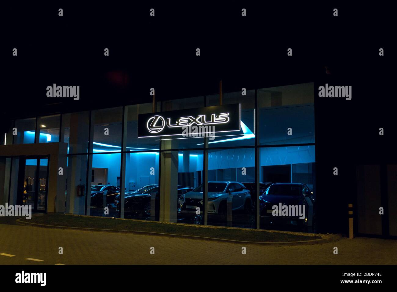 PRAGUE, CZECH REPUBLIC - APRIL 3 2020: Lexus company logo on dealership ...