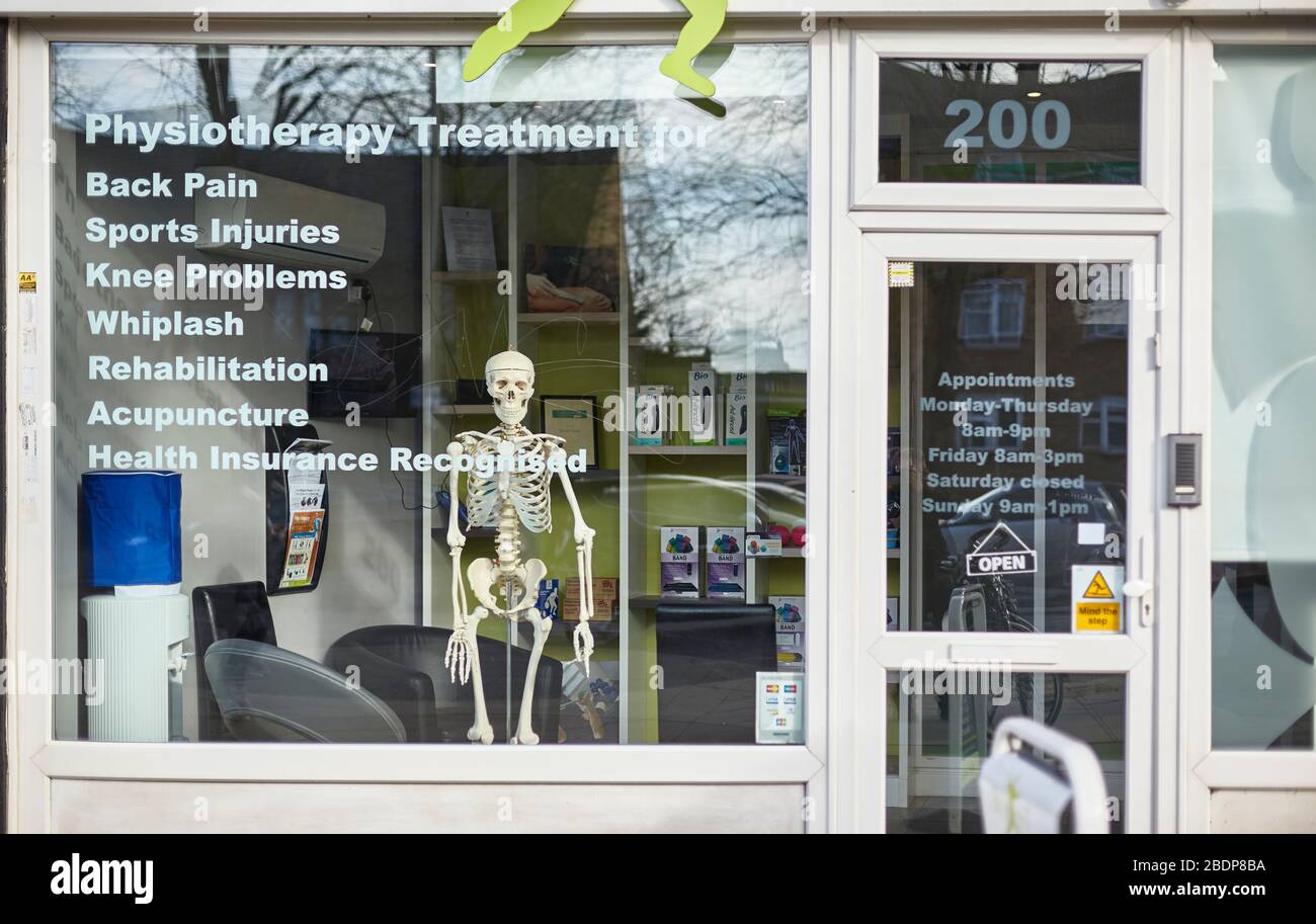 Skeleton in the window of a Physiotherapy practice, Finchley, London ...