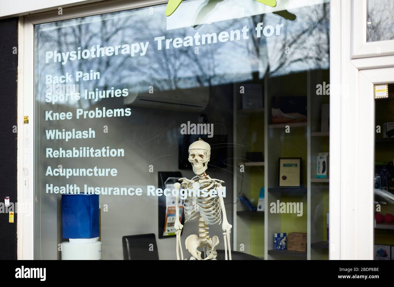 Skeleton in the window of a Physiotherapy practice, Finchley, London ...