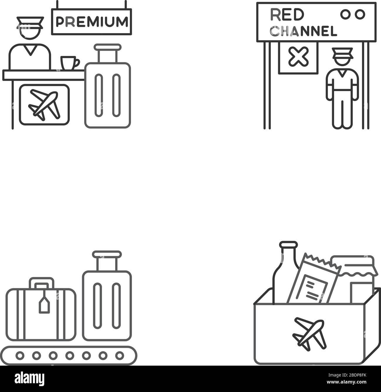 Airport terminal pixel perfect linear icons set. Premium service desk ...