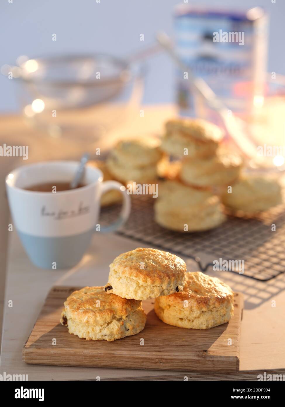 Scones cooling on a mesh baking tray freshly baked with jug and sieve ...