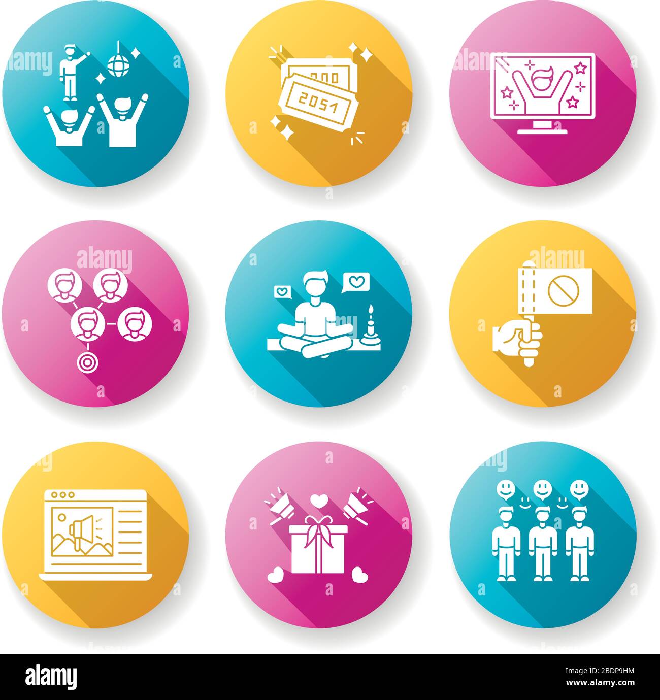 Social media promotion flat design long shadow glyph icons set. Fan ...