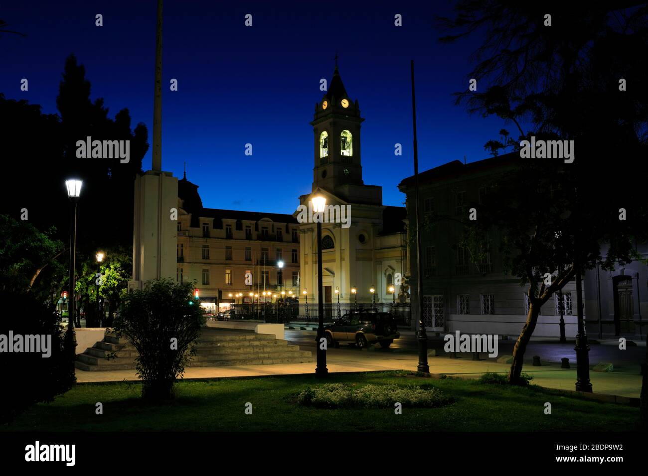 The Sacred Heart Cathedral at night, Plaza Armas, Punta Arenas city ...