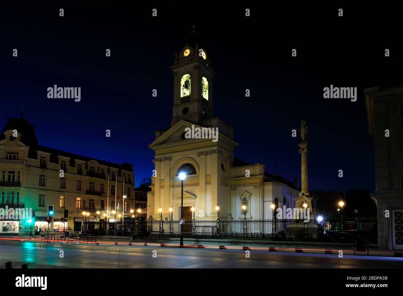 The Sacred Heart Cathedral at night, Plaza Armas, Punta Arenas city ...