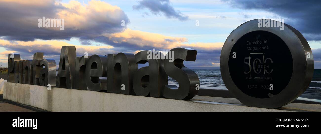 Sunset over the Punta Arenas city sign, Patagonia, Chile, South America ...