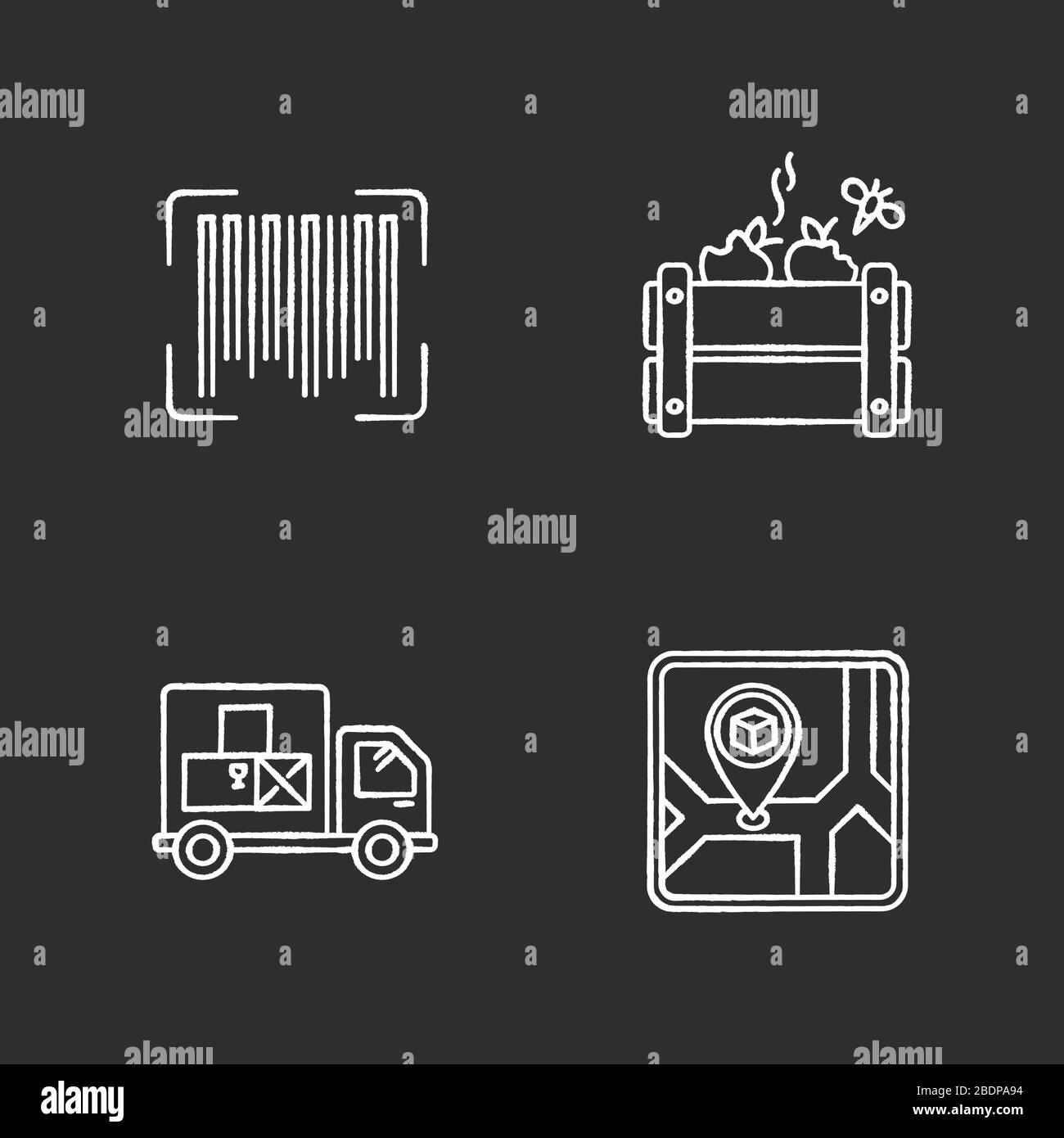 Goods availability and quality control chalk white icons set on black ...