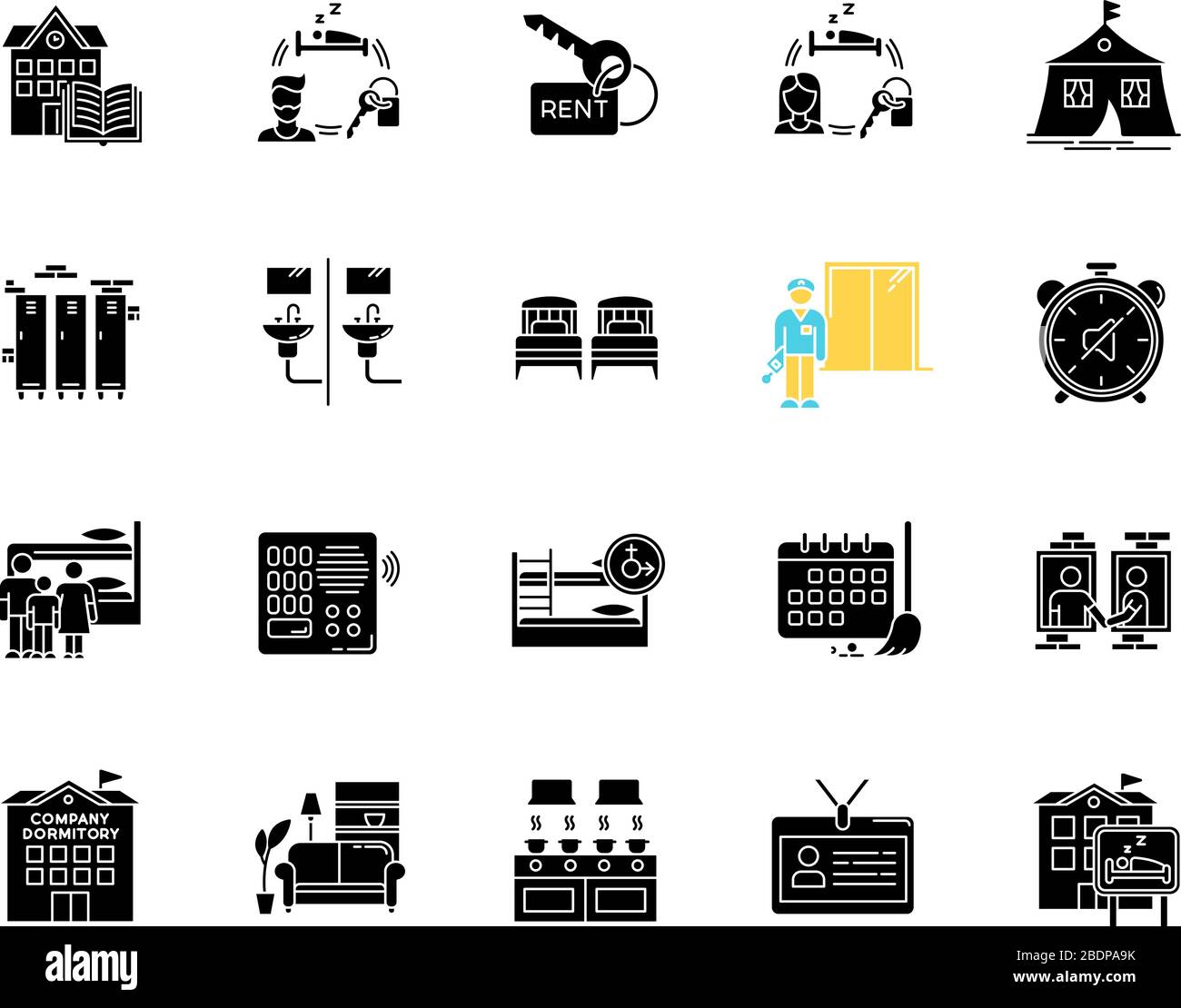 Dormitory black glyph icons set on white space. Communal space. Living ...