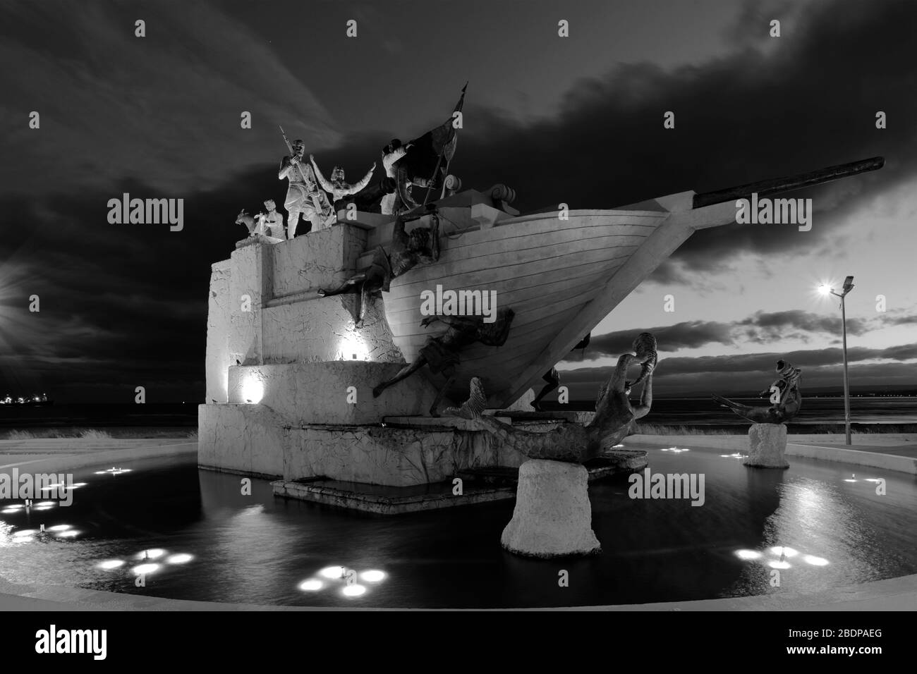 Monument to the Crew of the Goleta Ancud at night, Av. Cristobal Colón ...