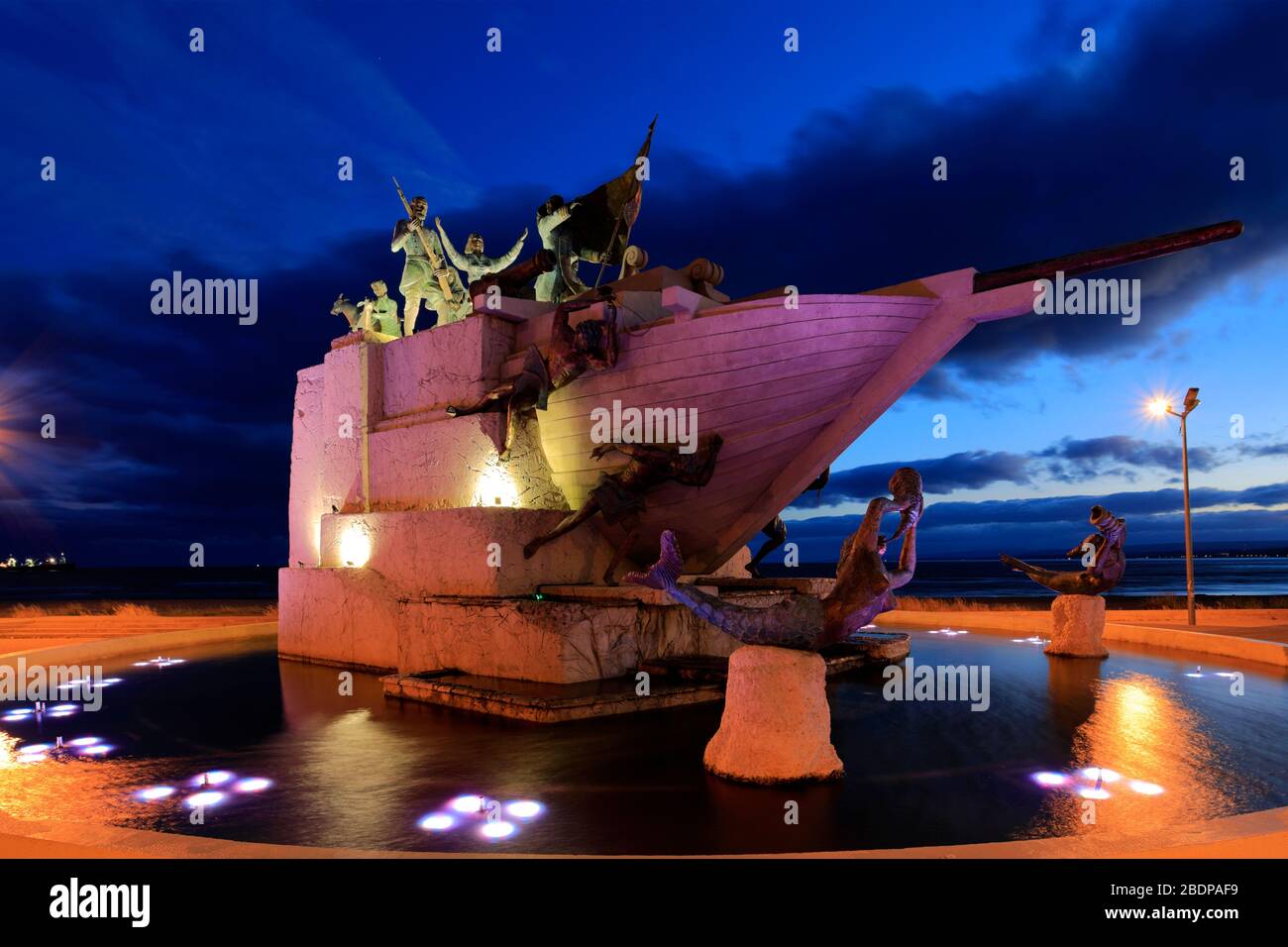 Monument to the Crew of the Goleta Ancud at night, Av. Cristobal Colón ...