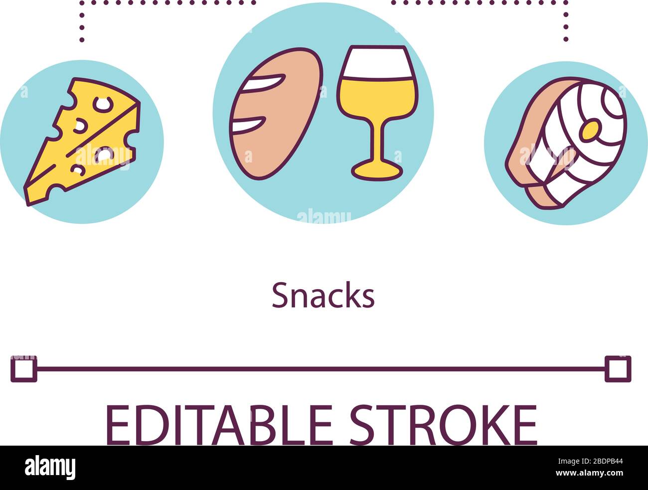Snacks concept icon. Tasty dish to go with wine. Fish stake. Bread and ...