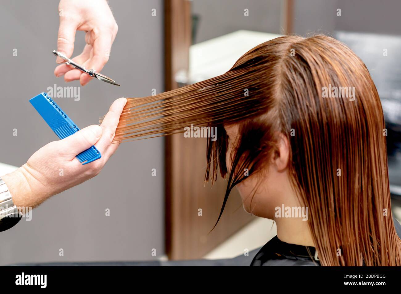 Hairdresser hands cutting long hair of woman in beauty salon Stock ...