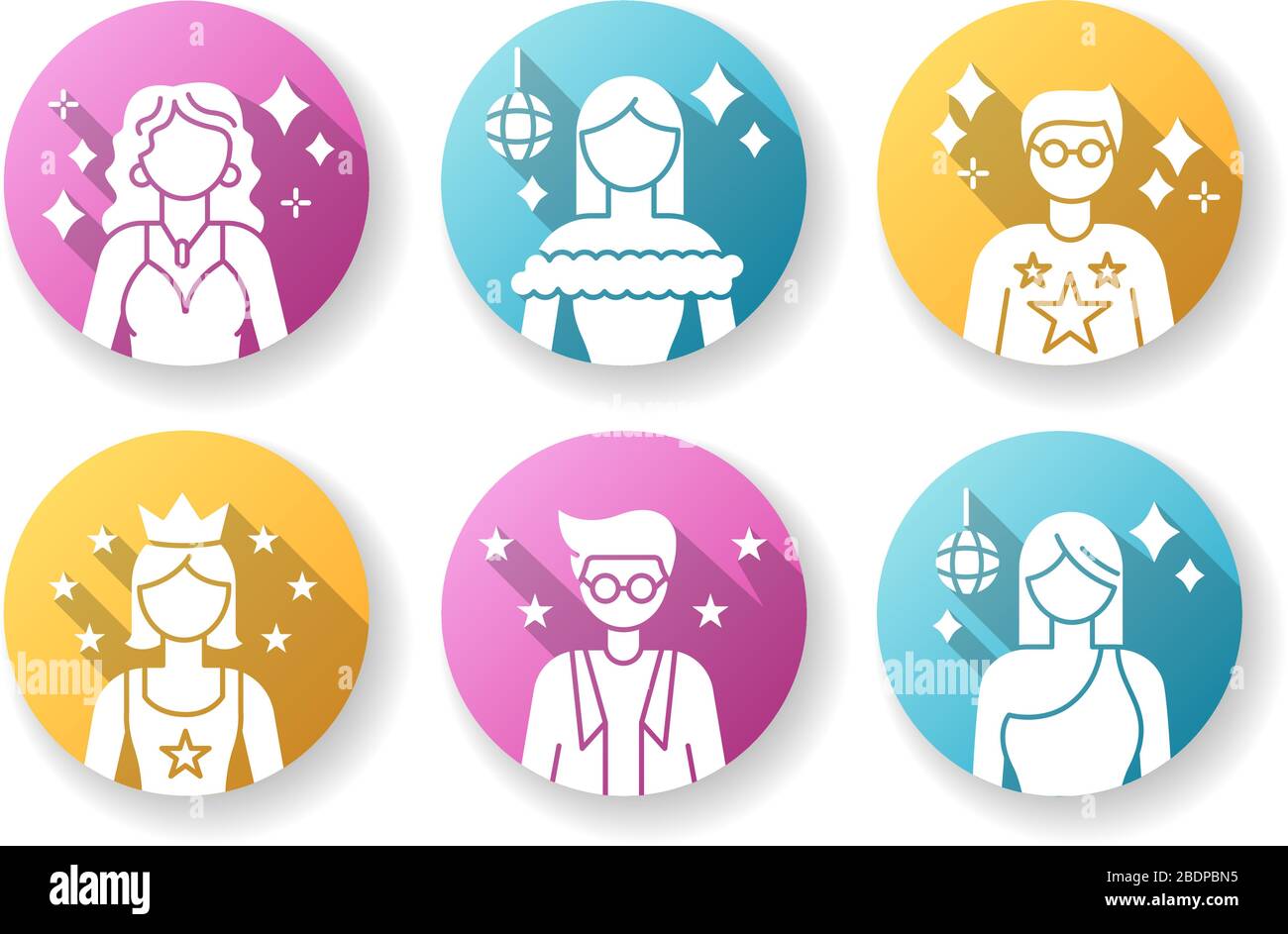 Popular celebrity flat design long shadow glyph icons set. Famous ...