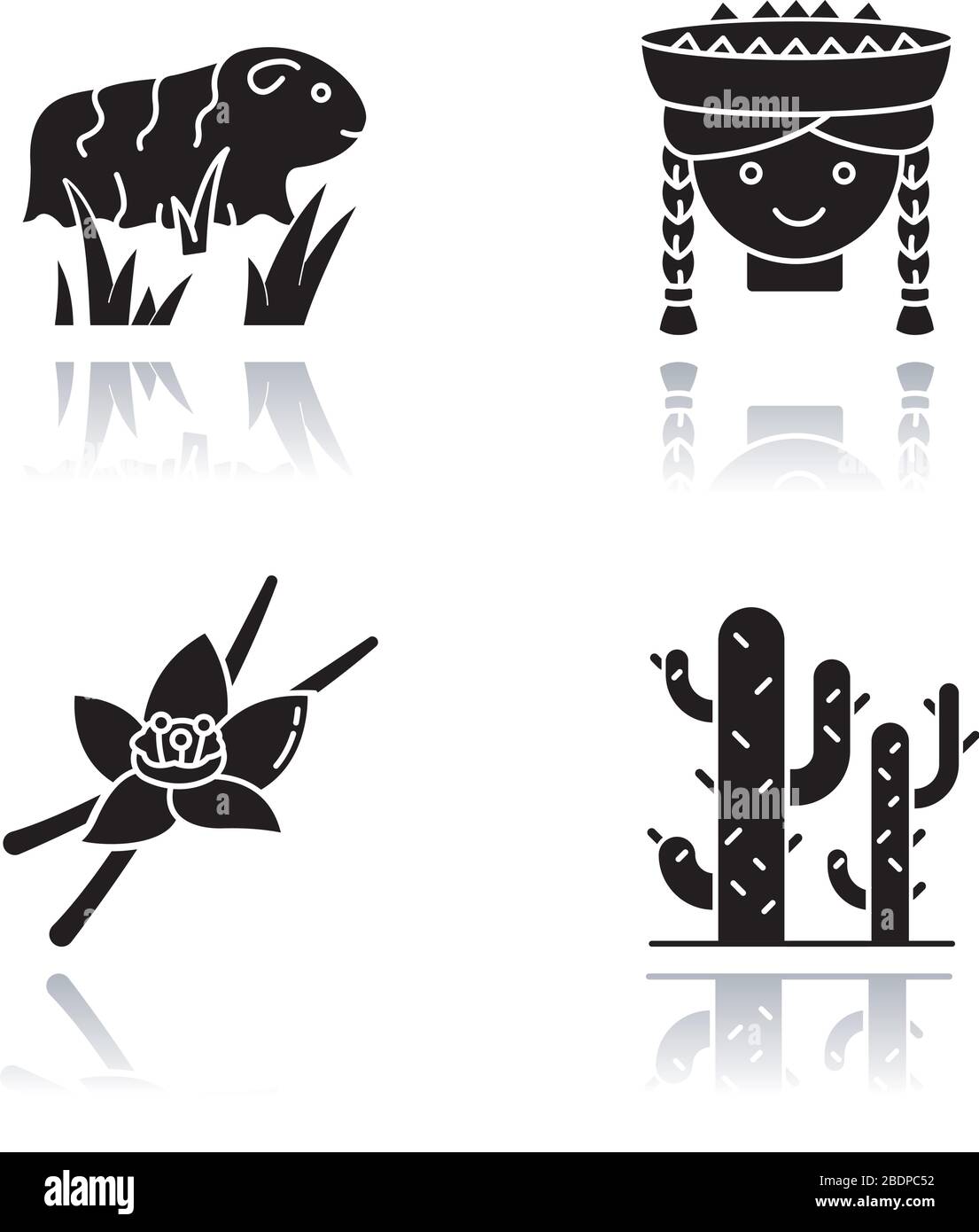 Peru drop shadow black glyph icons set. Incas country features. Guinea ...