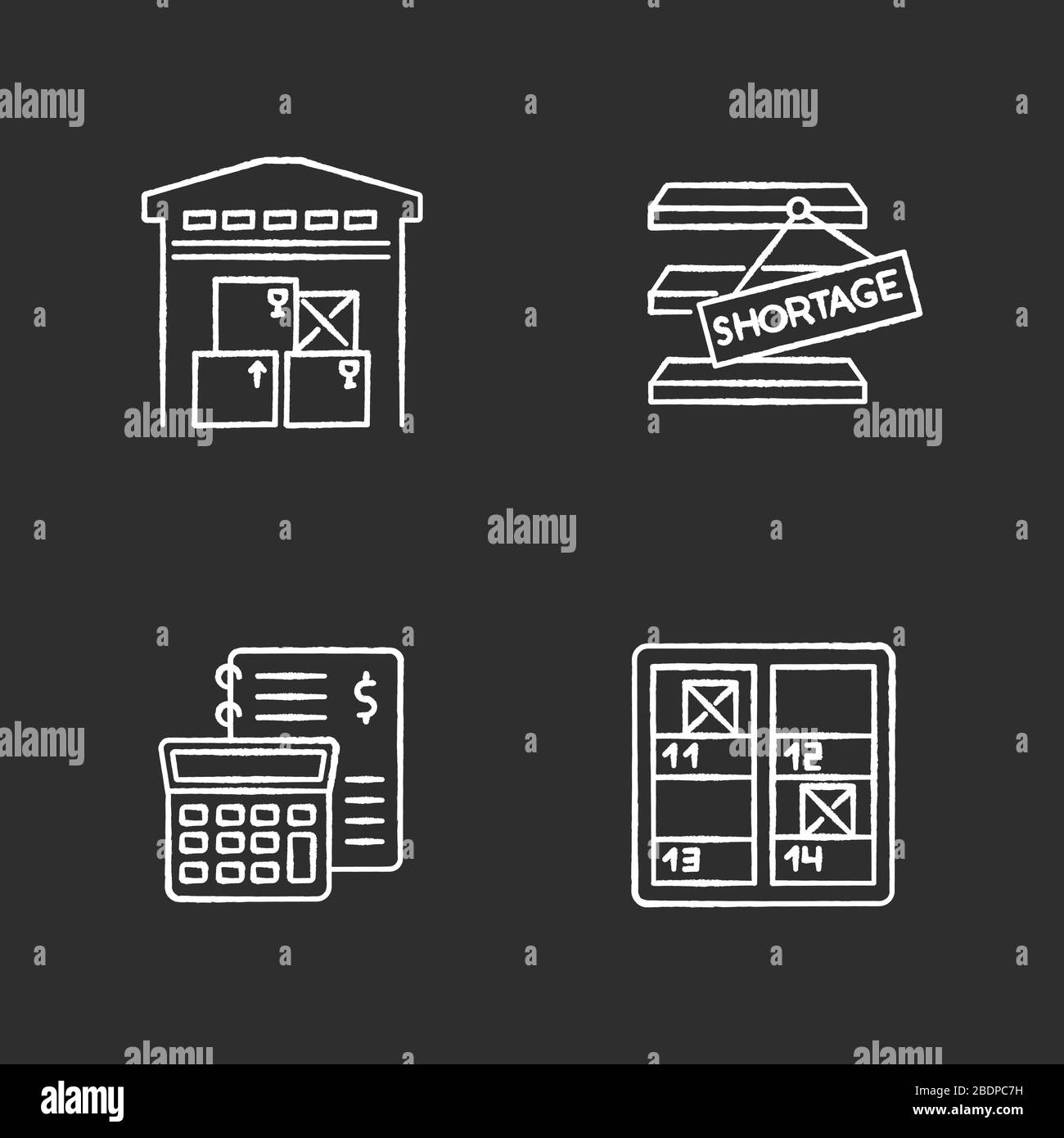 Warehouse management chalk white icons set on black background. Goods ...