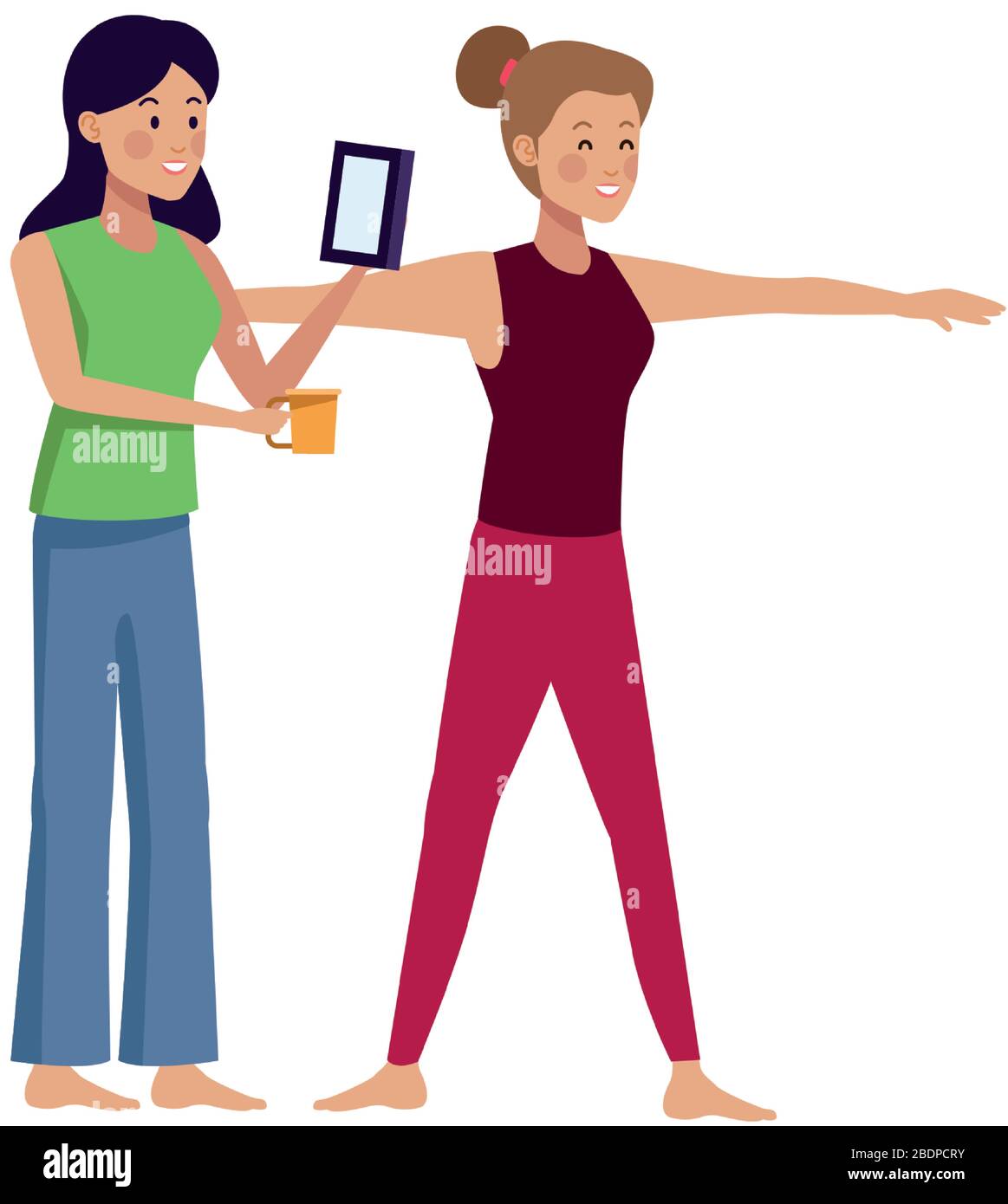 young girls using smartphone and practicing exercise Stock Vector Image ...
