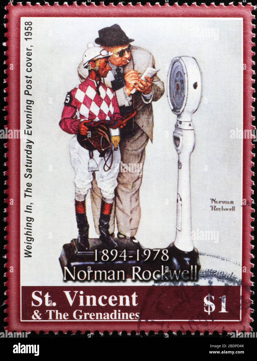 Jockey on the scale by Norman Rockwell on stamp Stock Photo - Alamy