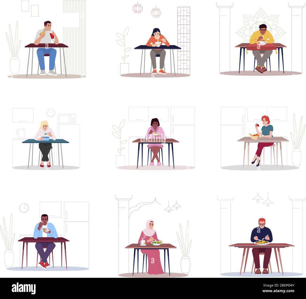 Men and women eating food flat vector illustrations set. People having ...