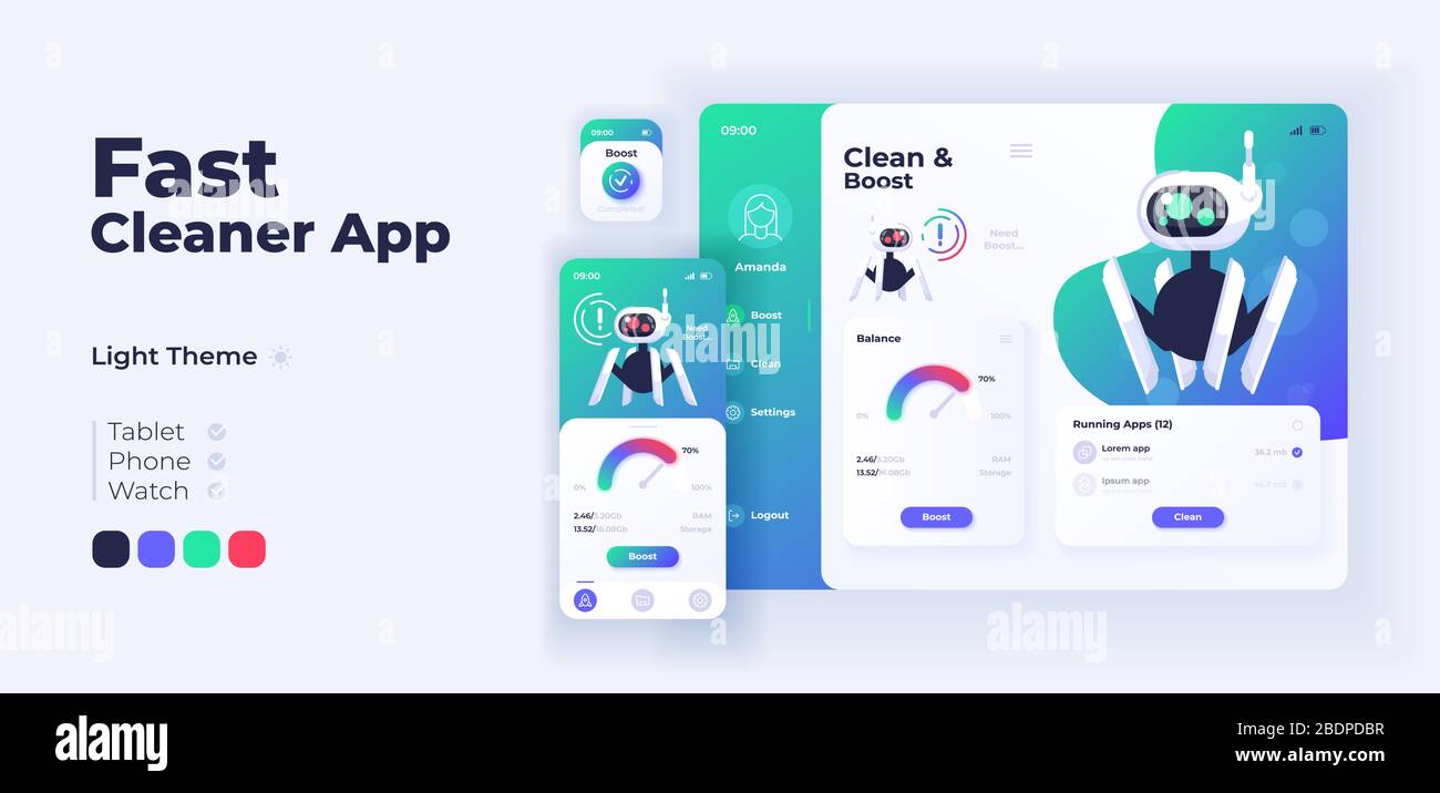 Fast cleaner app screen vector adaptive design template. Device memory optimization application ...