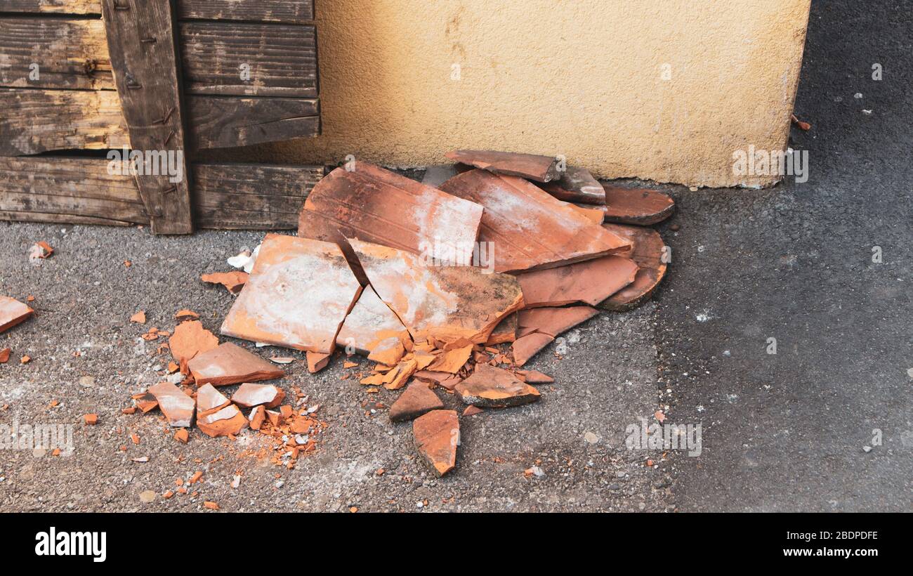 Fallen roof tiles on the floor after devastating earthquake in Zagreb ...