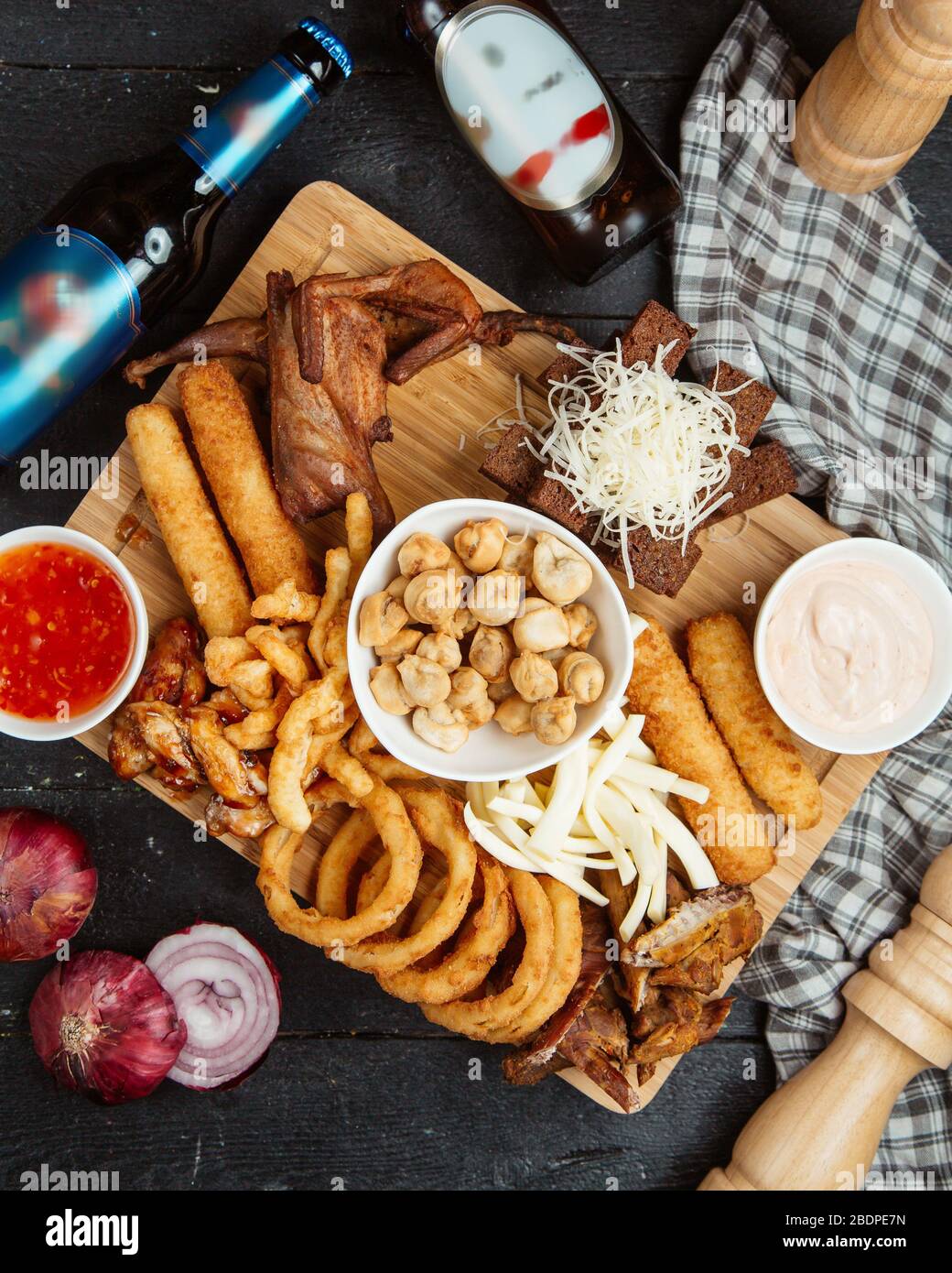 beer set with various snacks on the desk Stock Photo - Alamy