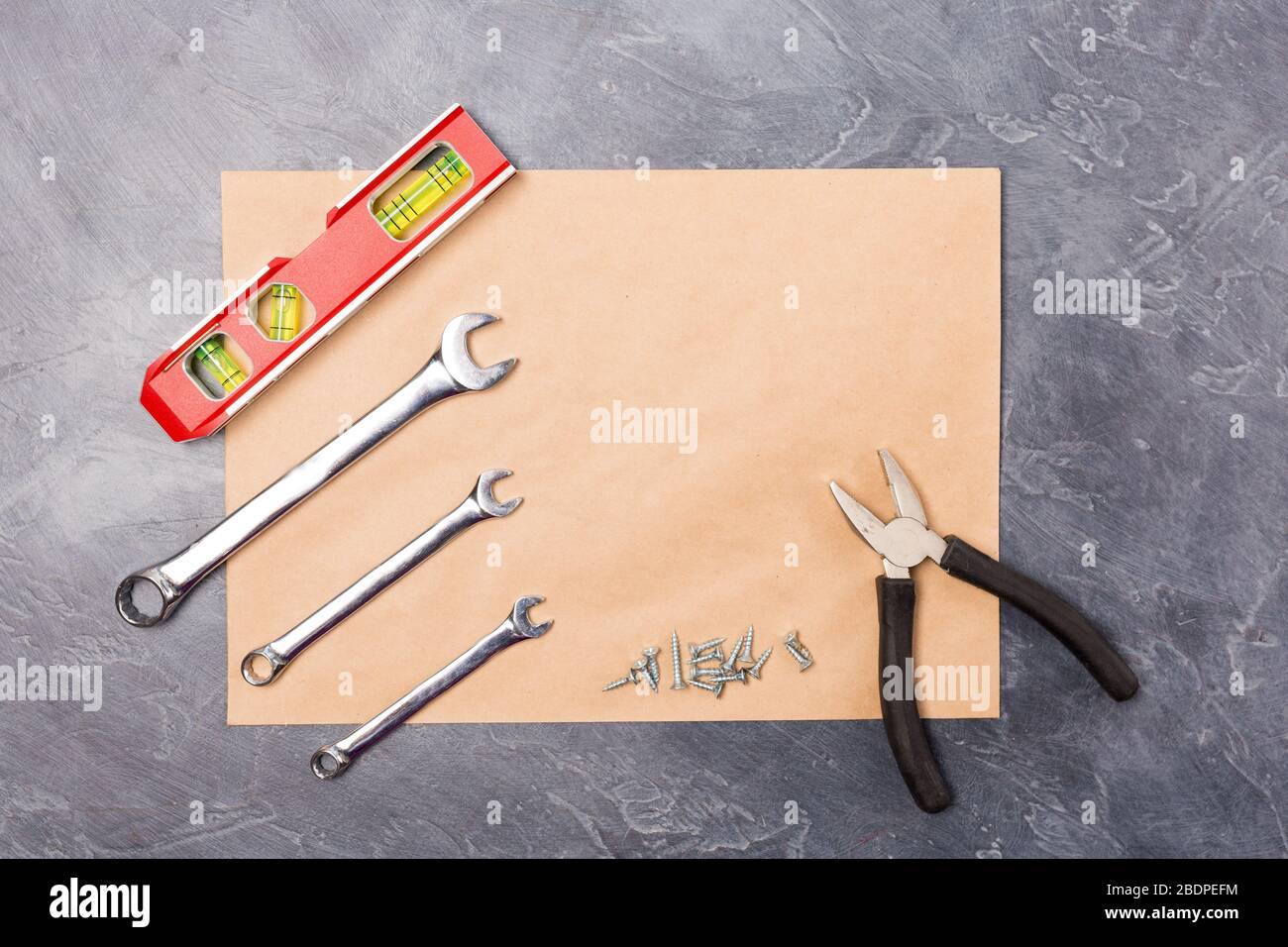 Different hand tools for construction, repair- pliers, level tool ...