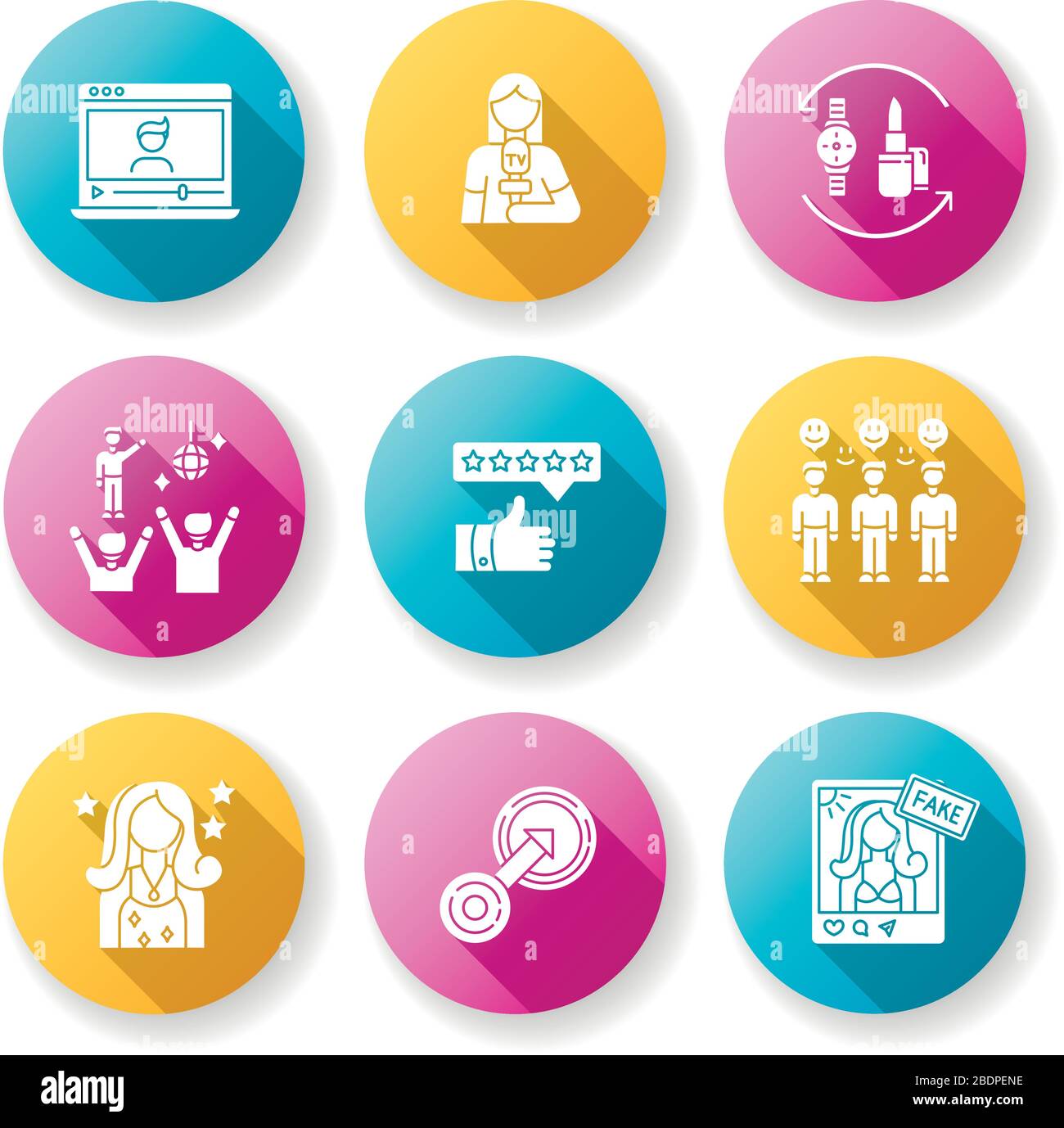 Social media promotion flat design long shadow glyph icons set. Vlogger ...