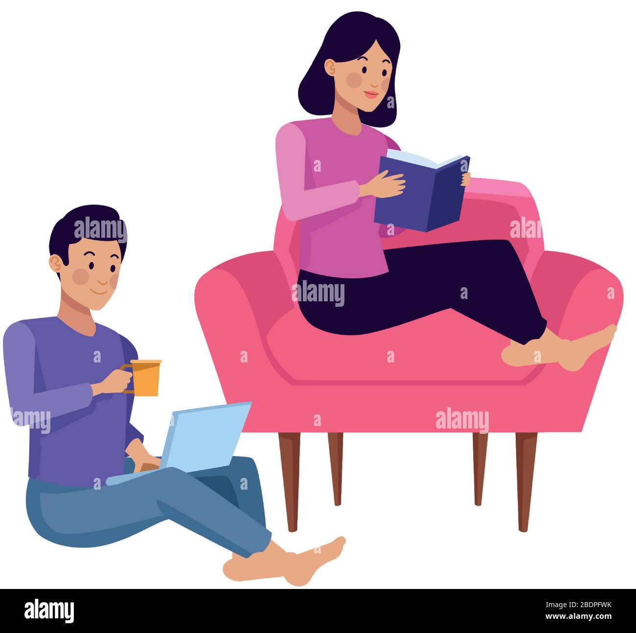 couple using laptop and reading book Stock Vector Image & Art - Alamy