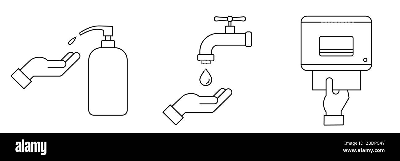 How to wash hands safely instructions. Hand washing procedure thin line ...