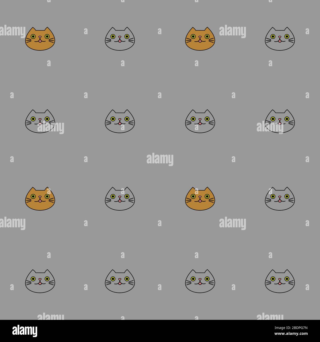 Seamless pattern with cute contour cartoon cat faces on grey background ...