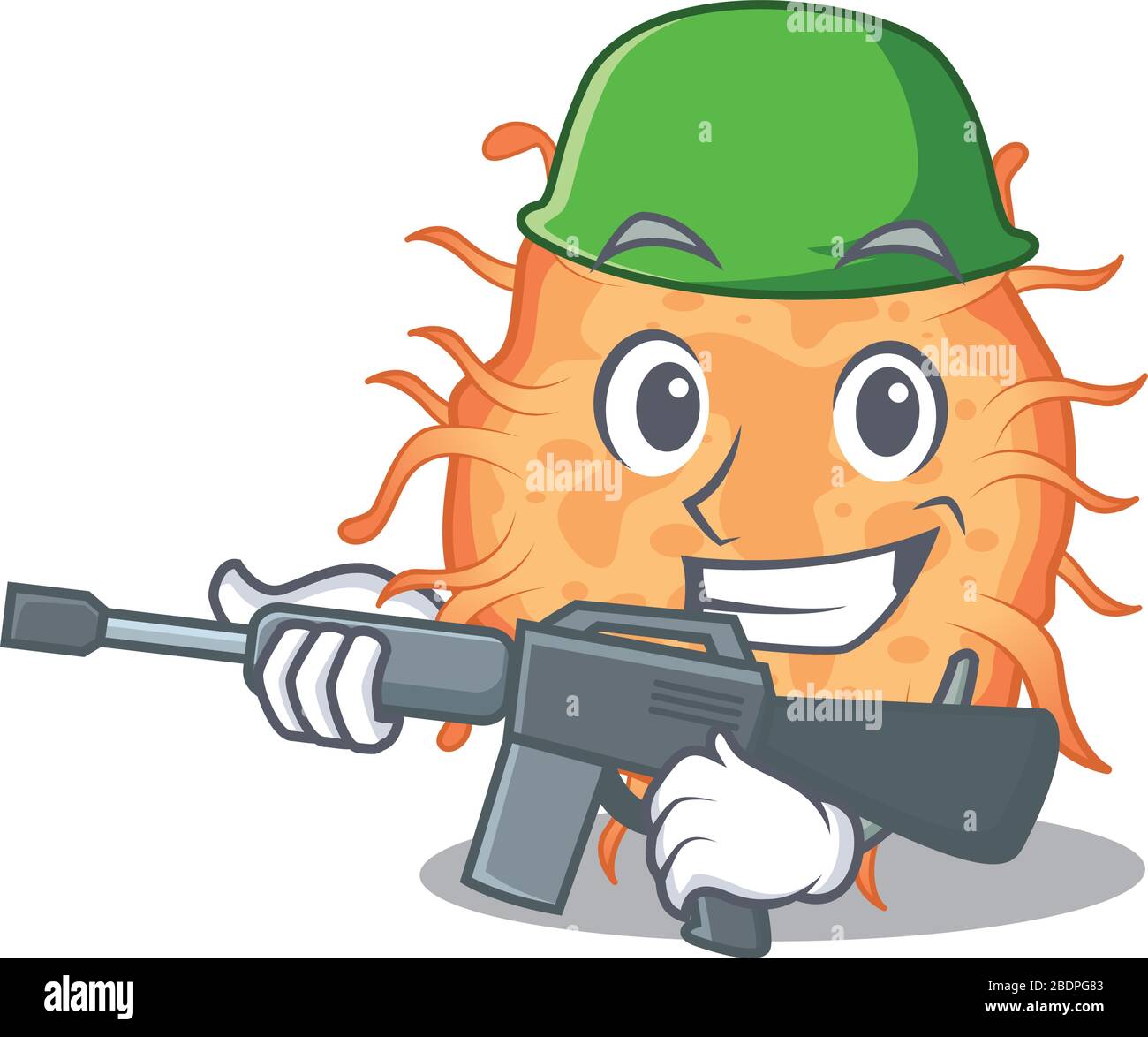 A cartoon picture of bacteria endospore in Army style with machine gun ...