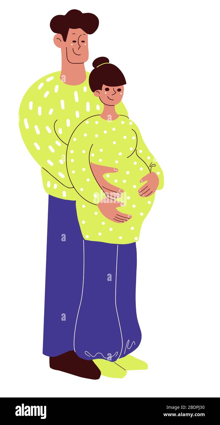 Pregnant woman. Birth partner. Happy fashion family couple hugs ...