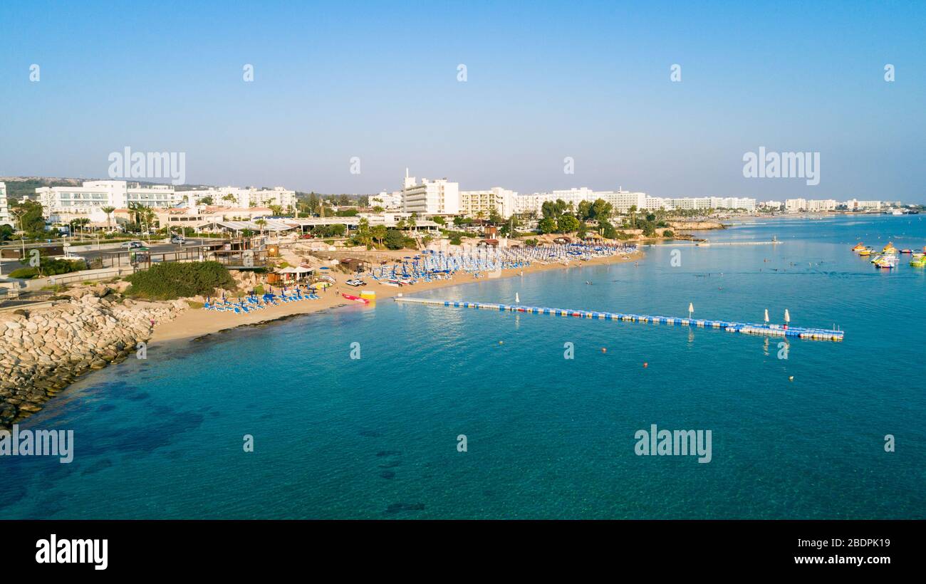 Aerial bird's eye view of Fig tree bay in Protaras, Paralimni ...