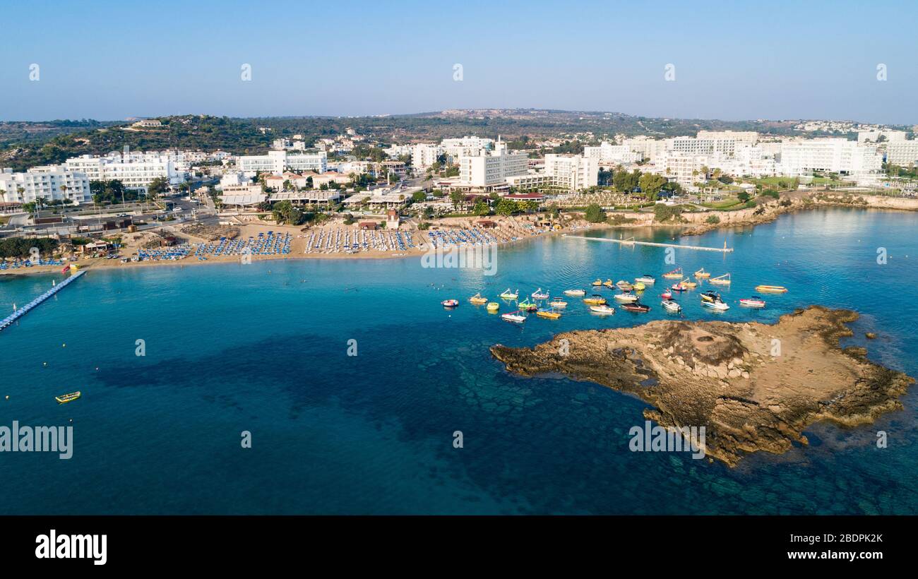 Aerial bird's eye view of Fig tree bay in Protaras, Paralimni ...