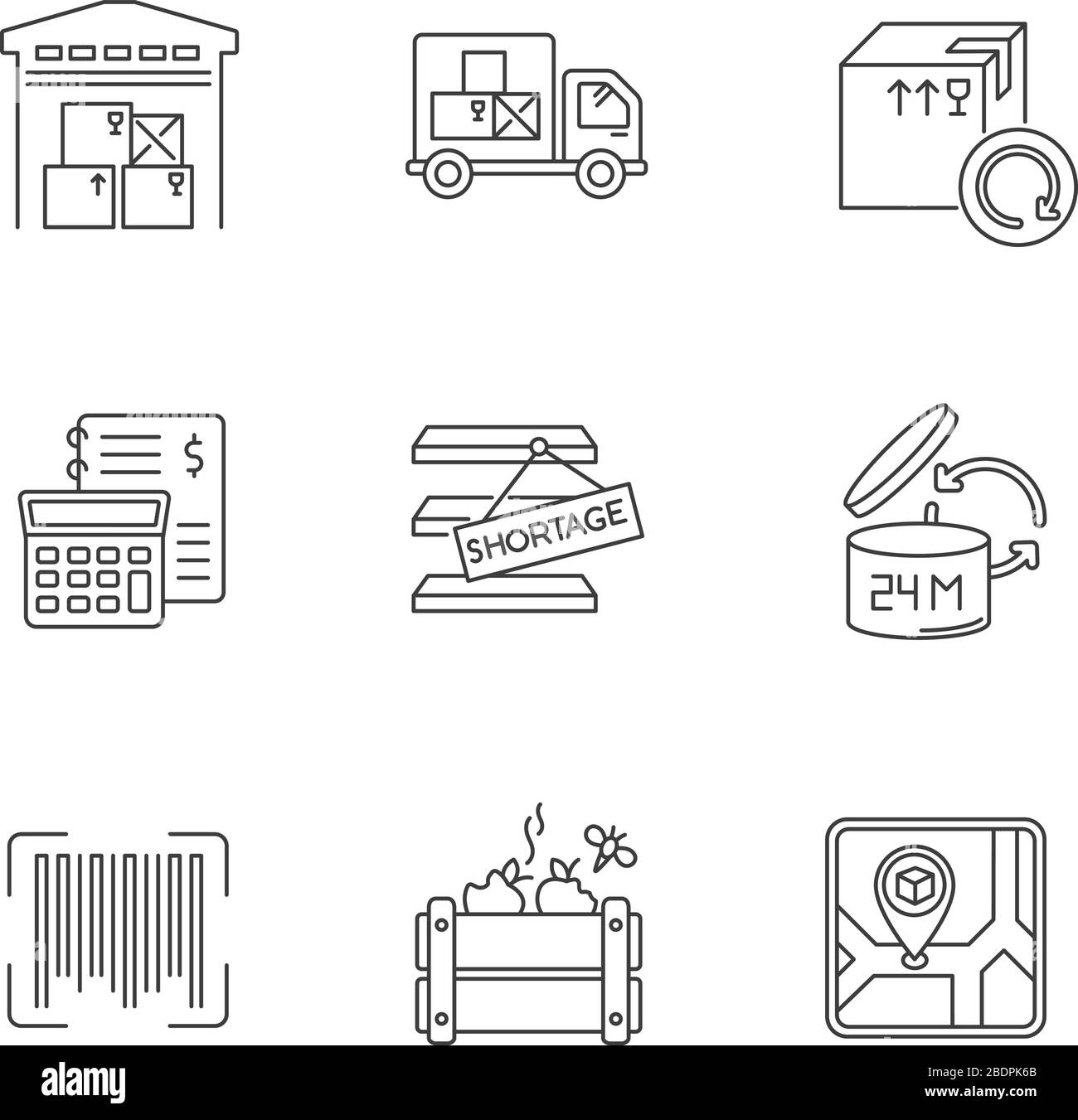 Inventory management pixel perfect linear icons set. Storage place ...