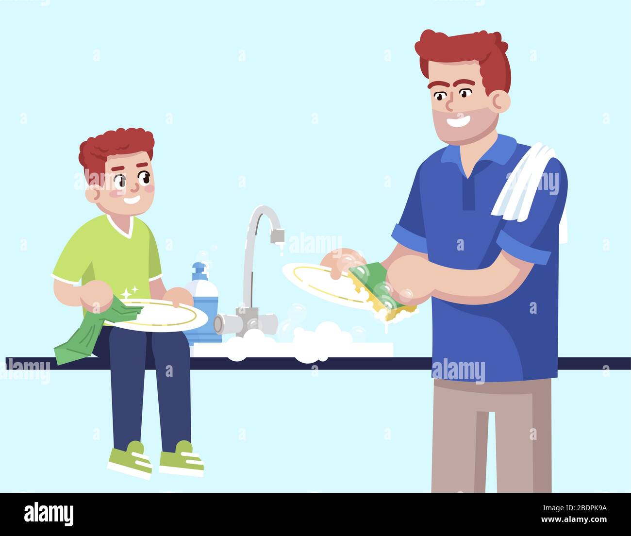 Father and son washing up together flat RGB color vector illustration ...