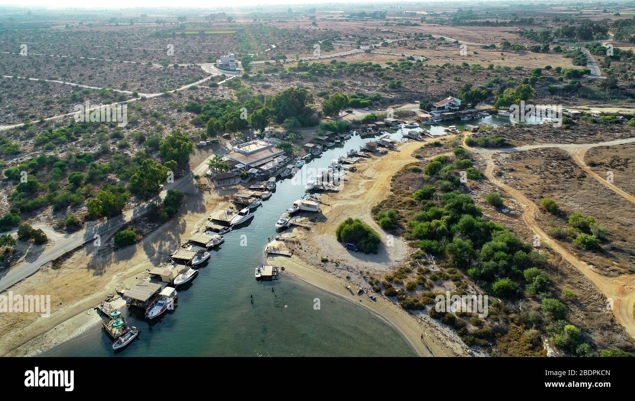 Aerial bird's eye view of Liopetri river to the sea (potamos Liopetriou ...