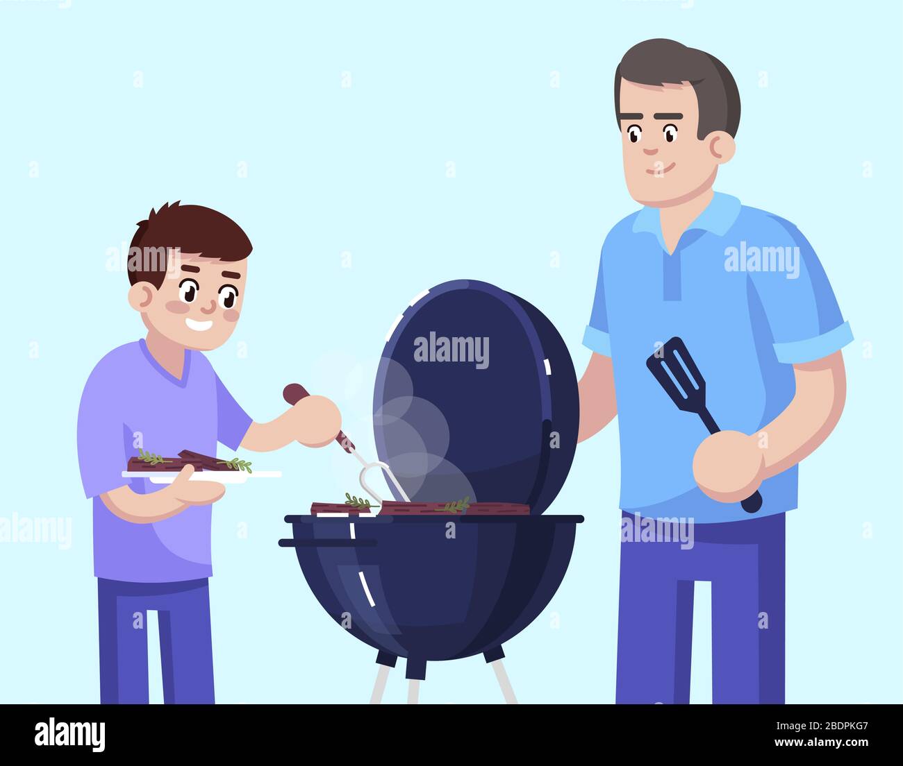Father and son cooking barbecue together flat RGB color vector ...