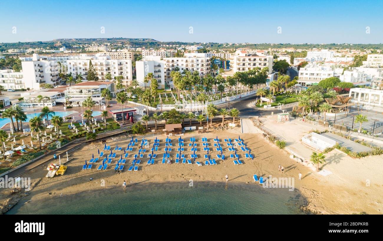 Aerial bird's eye view of Pernera beach in Protaras, Paralimni ...