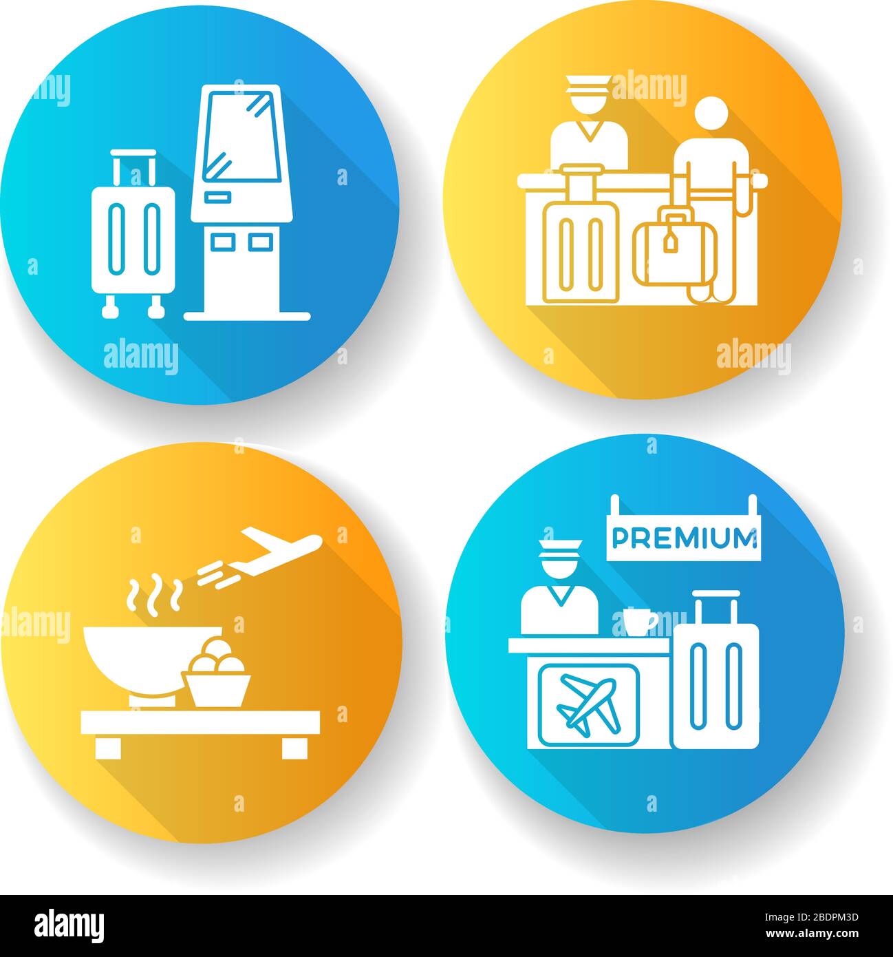 Airport terminal flat design long shadow glyph icons set. Self service kiosk to check in ...