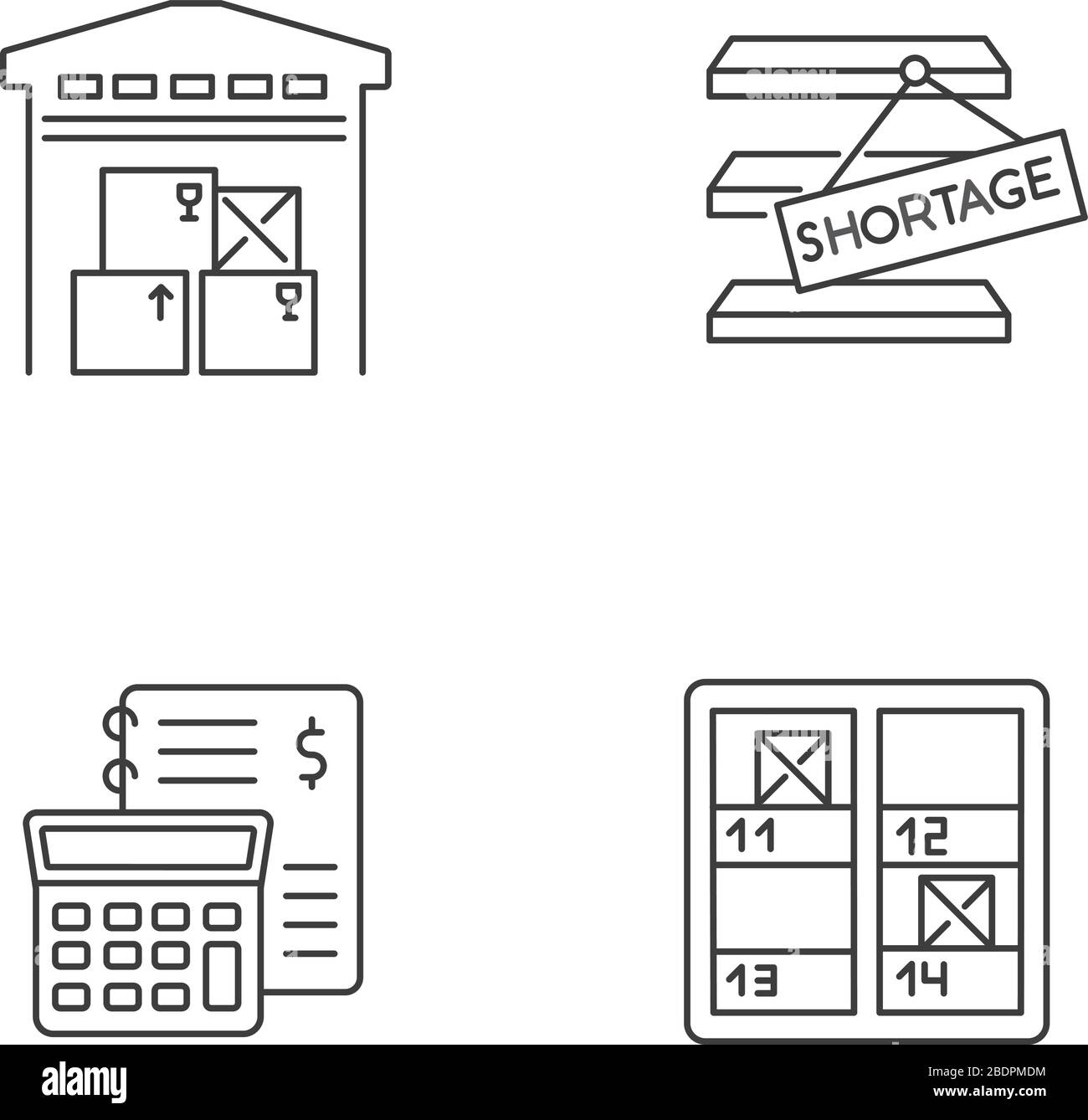 Warehouse management pixel perfect linear icons set. Goods counting ...