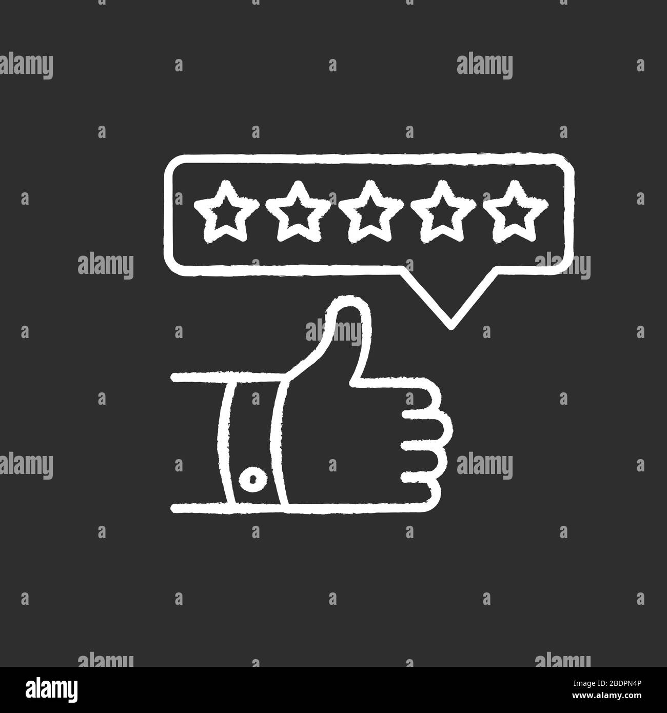 Product review chalk white icon on black background. Thumbs up. Five ...