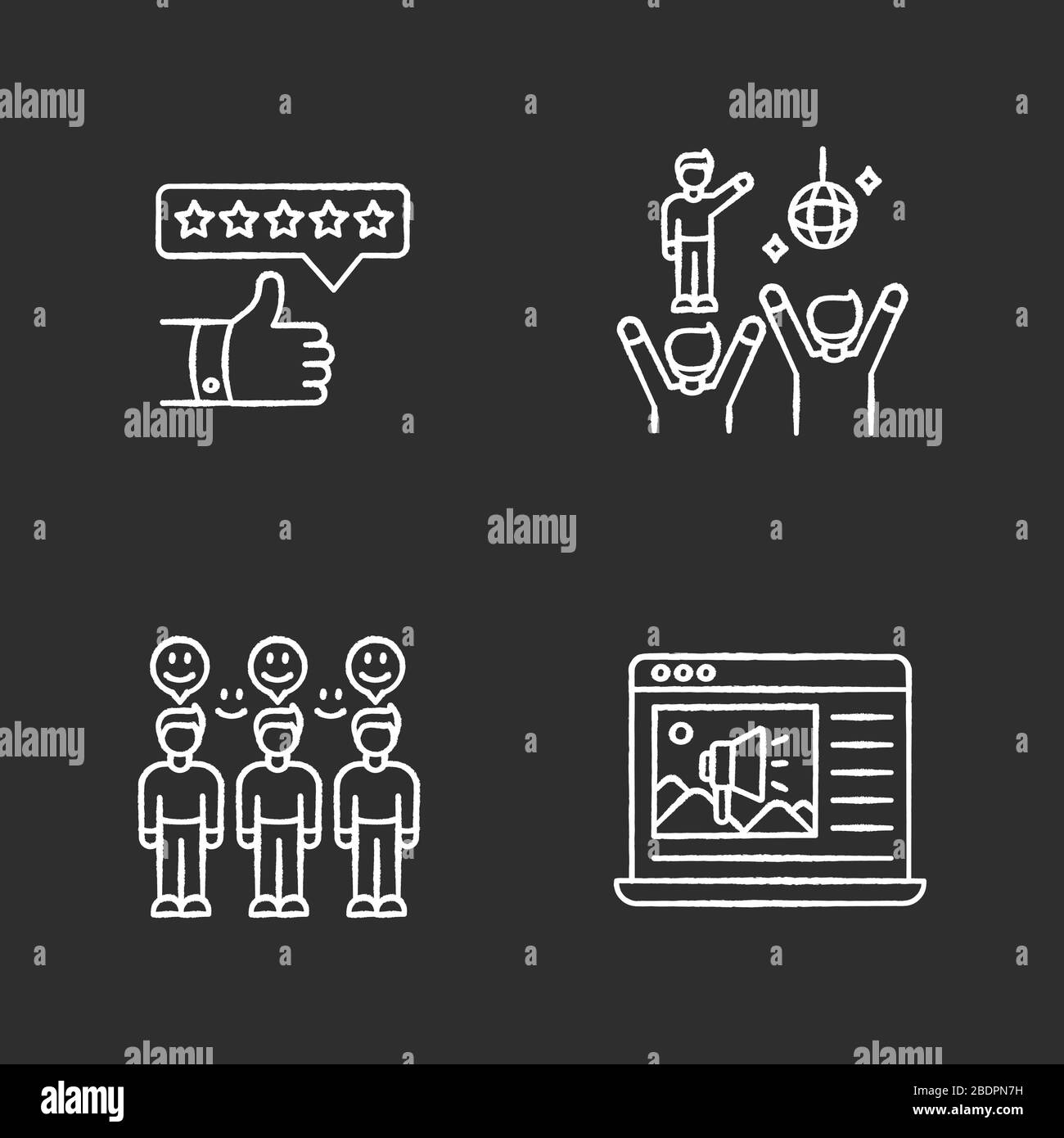 Social media marketing chalk white icons set on black background ... Social media marketing chalk white icons set on black background ...