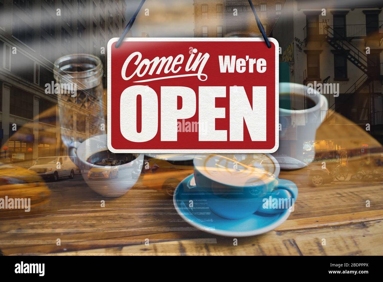 An open sign in the window of a cafe hi-res stock photography and ...