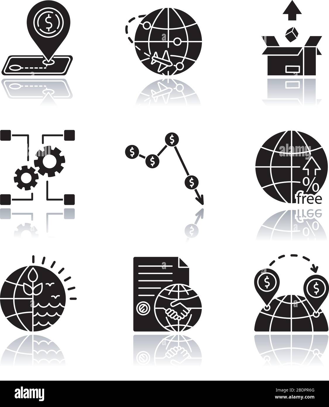 Global trade, export and investments drop shadow black glyph icons set ...