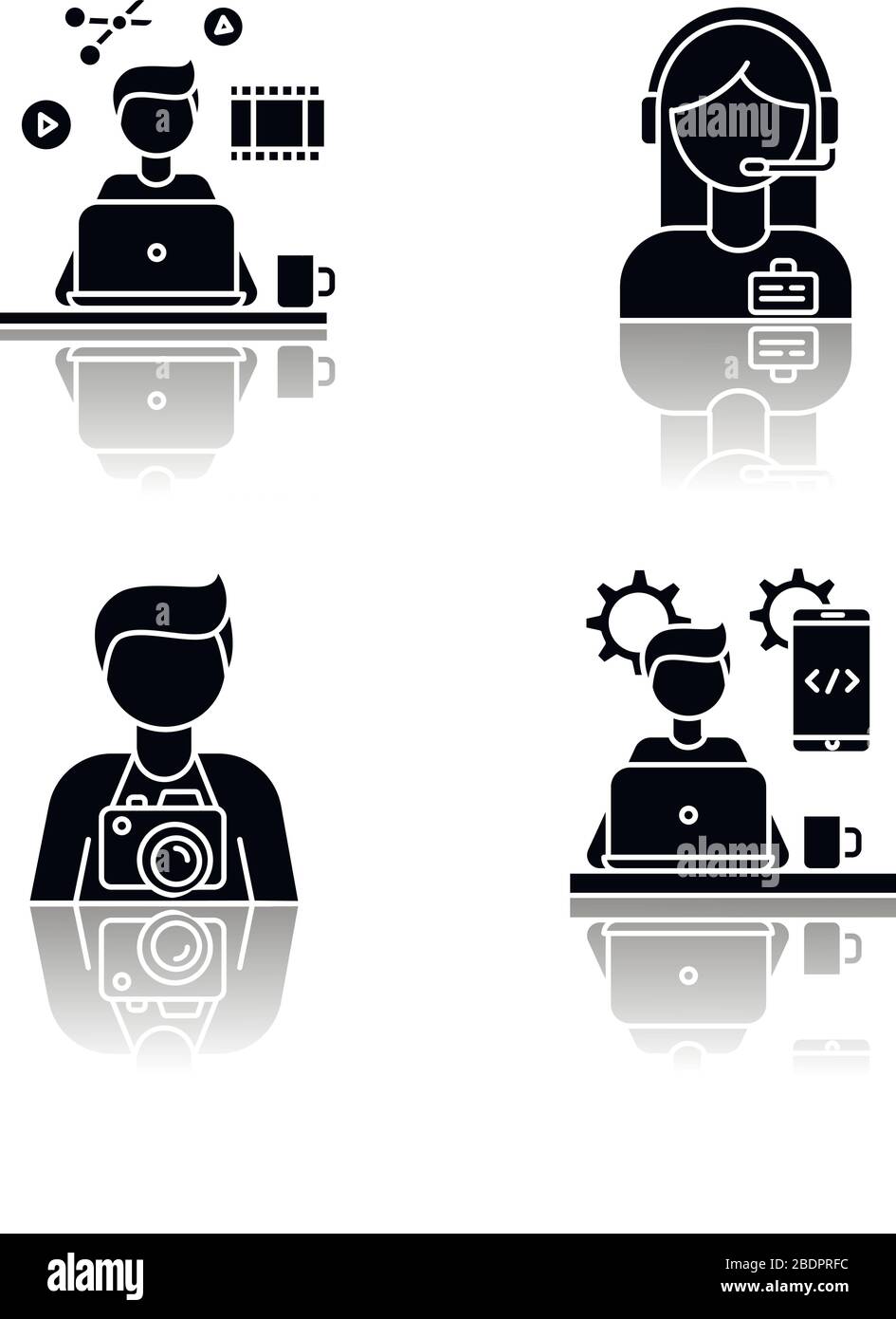 Remote workers drop shadow black glyph icons set. Video editor and ...