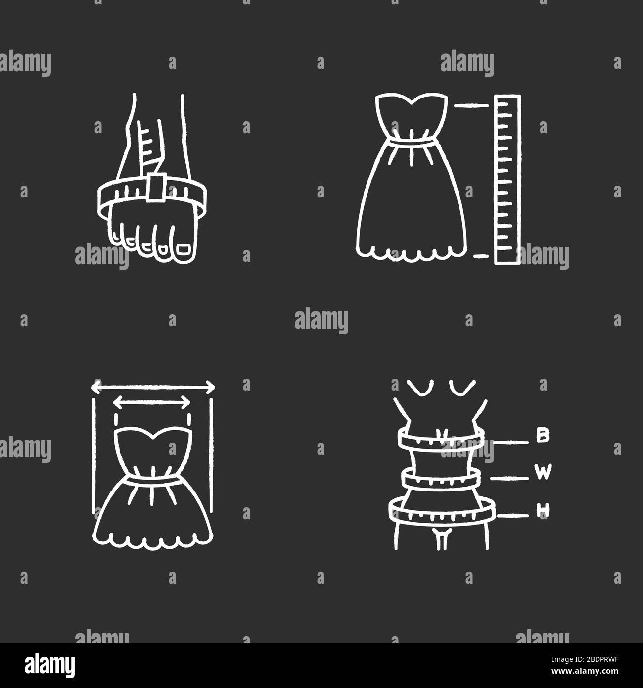 Female clothing size measurements chalk white icons set on black ...